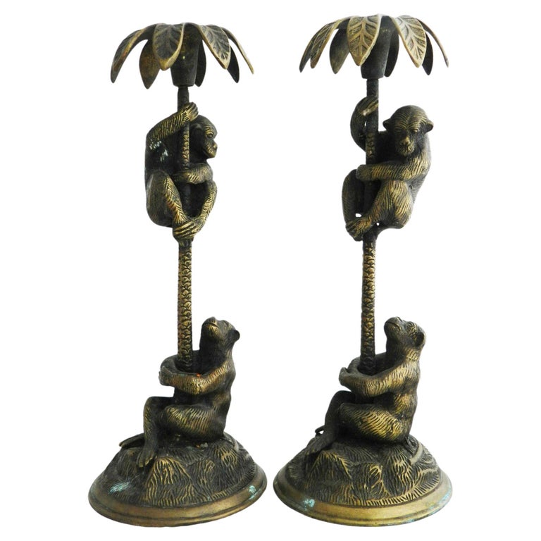 Pair Monkey Candlesticks Lamps Midcentury Lights For Sale at 1stDibs