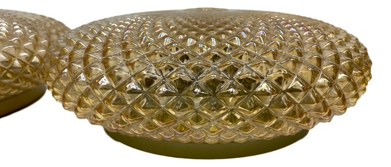 Pair of Monumental Crystal Pattern Glass Flush Mount Ceiling Lights ...