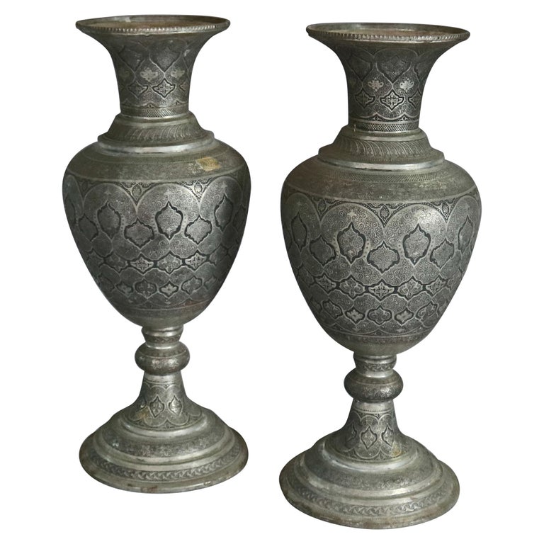 Pair of Monumental Persian Hand-Hammered Nickel-Plated Floor Urns, 19th ...