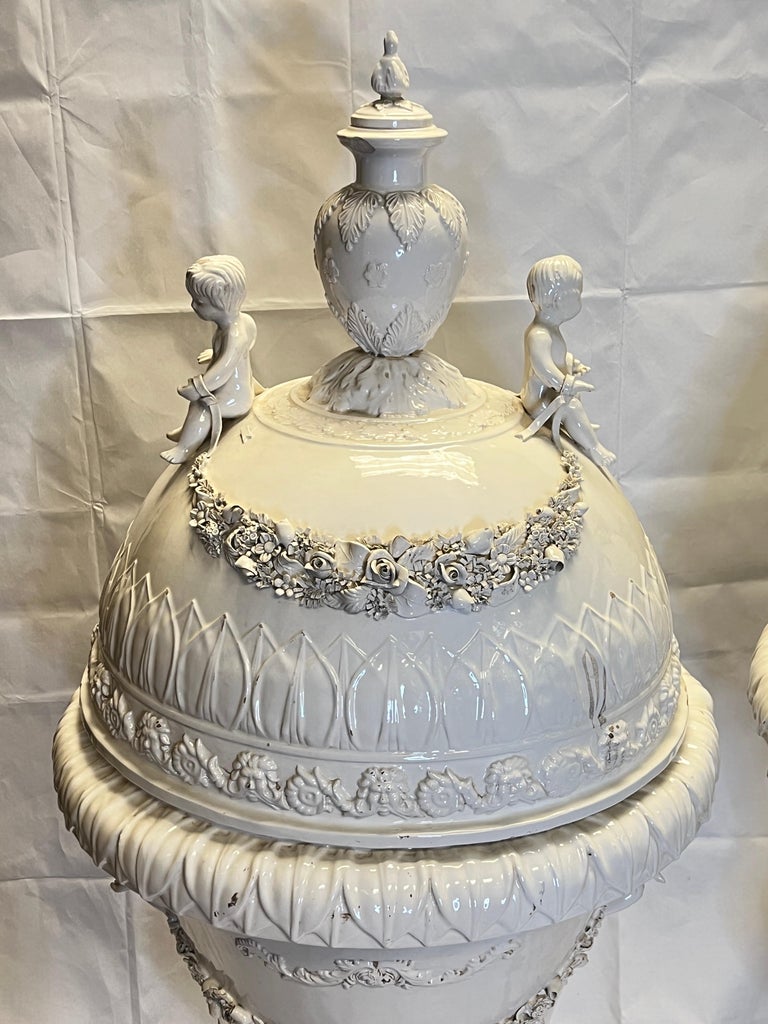 Pair Monumental White Glazed Northern European Floor Vases and Covers ...