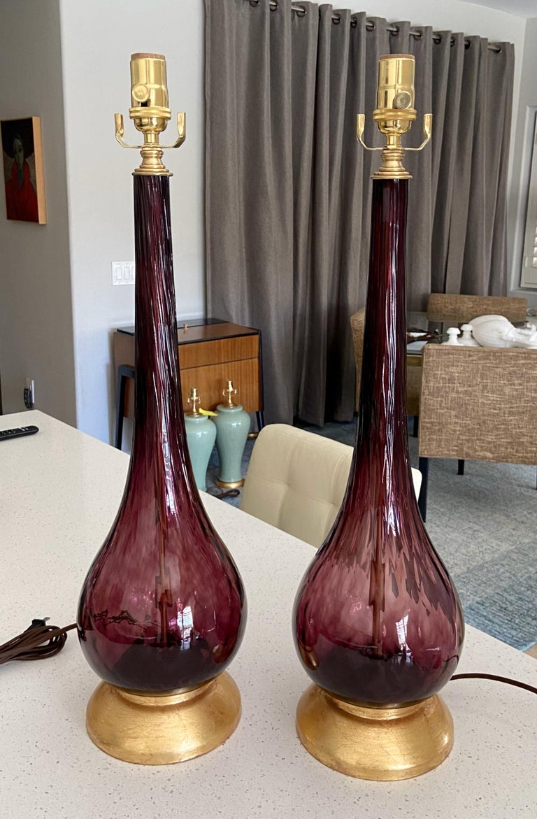 Pair Murano Purple Glass Long Neck Table Lamps For Sale at 1stDibs