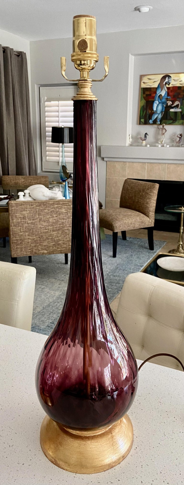 Pair Murano Purple Glass Long Neck Table Lamps For Sale at 1stDibs