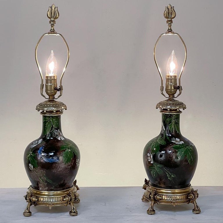 Pair Napoleon III Period Glazed Faience Table Lamps with Bronze Bases ...