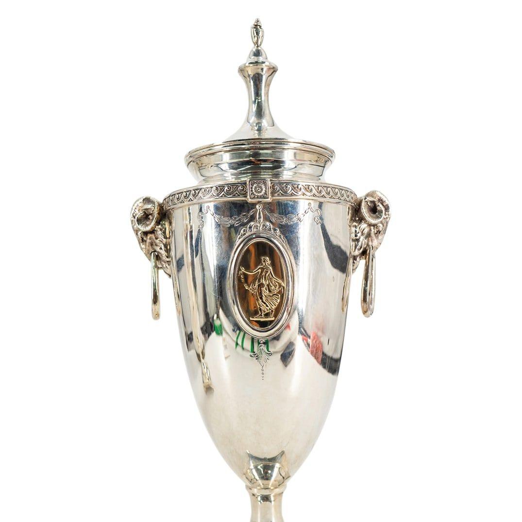 Pair Neoclassical Trophy Form Sterling Silver Urns For Sale at 1stDibs