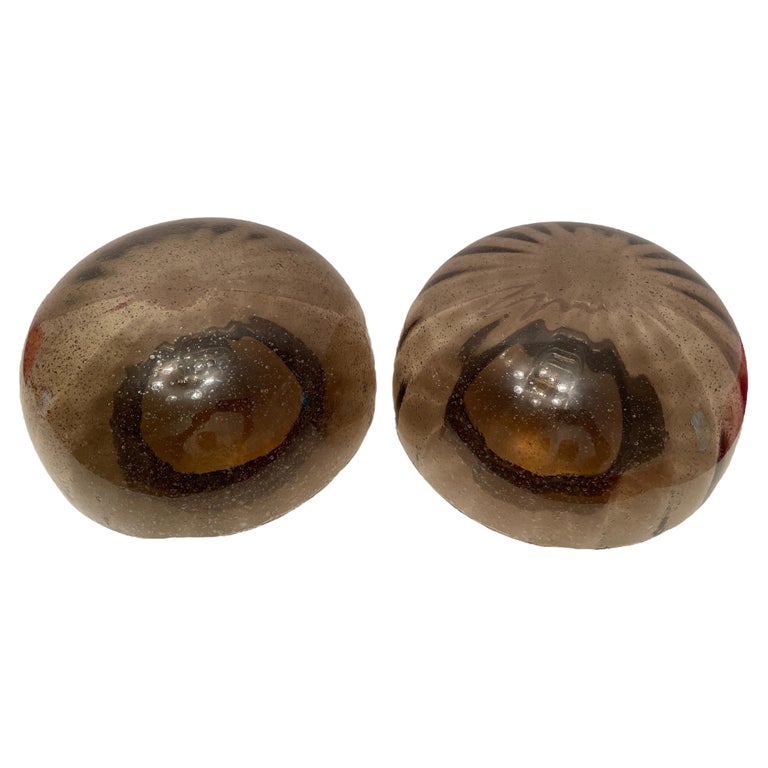 Pair O Bronzed Metal Smoked Glass Hillebrand Flush Mount Midcentury ...