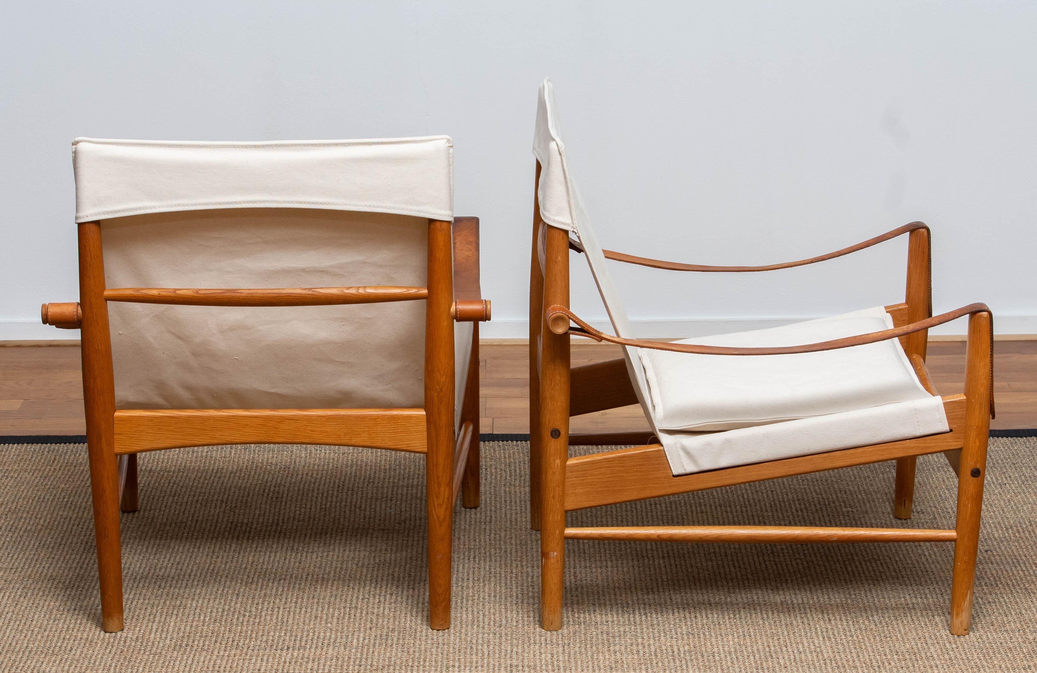 Pair Oak With Linen / Canvas Safari Chairs By Hans Olsen For Viska ...