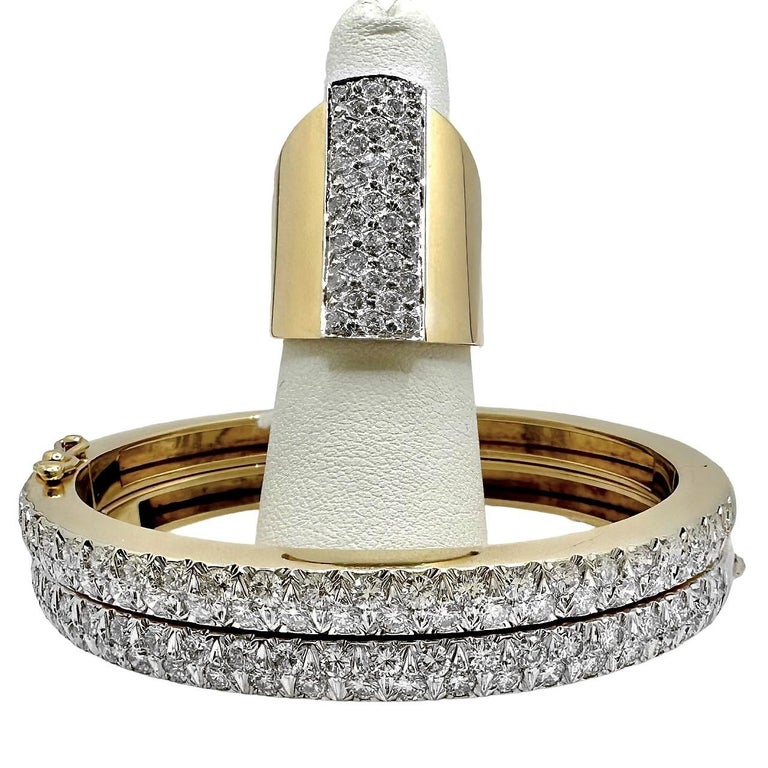Pair of 14k Yellow Gold Oval Bangles with Pave Diamonds on across the ...