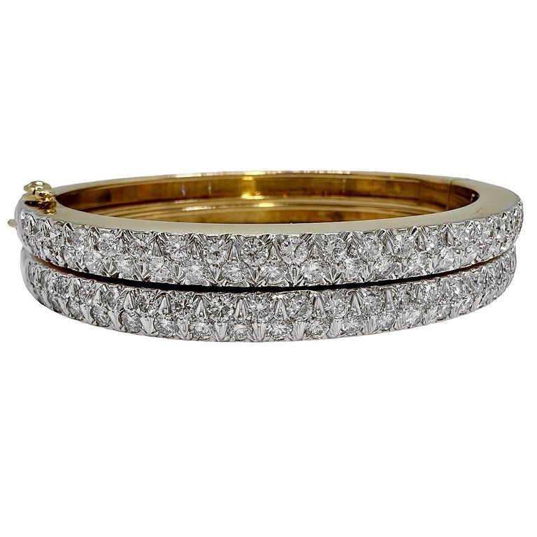 Pair of 14k Yellow Gold Oval Bangles with Pave Diamonds on across the ...