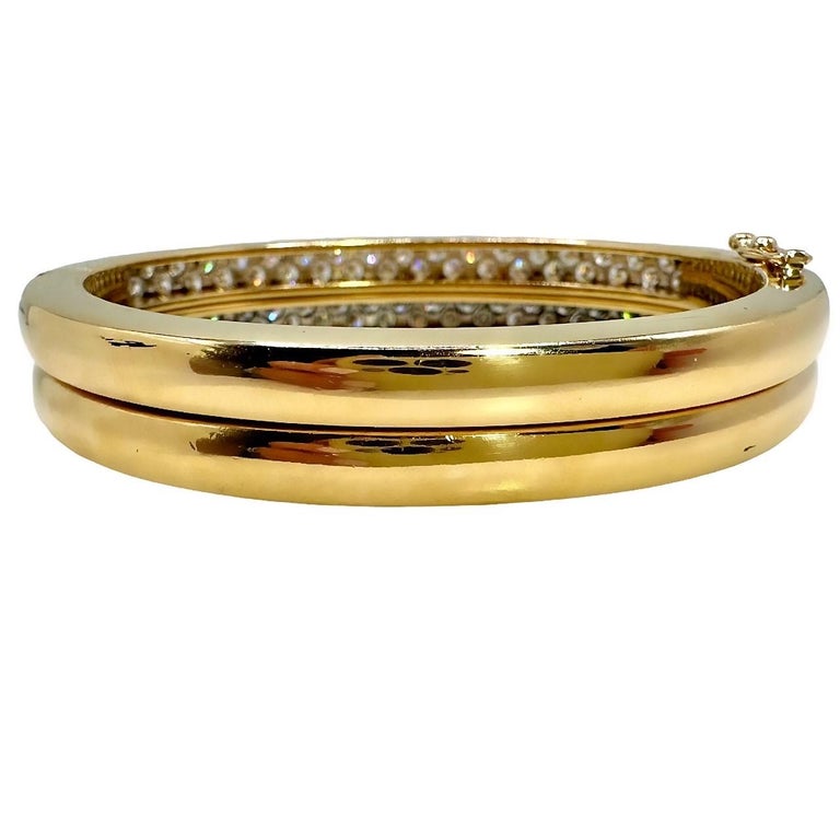 Pair of 14k Yellow Gold Oval Bangles with Pave Diamonds on across the ...