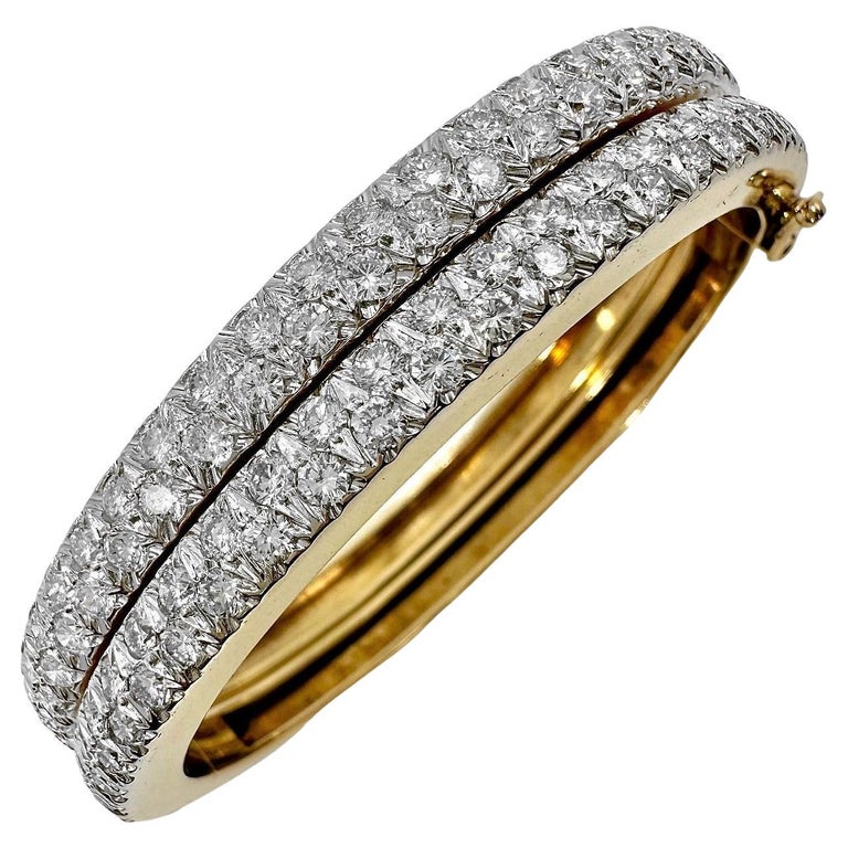 Pair of 14k Yellow Gold Oval Bangles with Pave Diamonds on across the ...