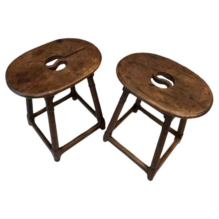 Pair of 17th Century Dutch Hand Carved Rustic Oval Shaped Stools For ...
