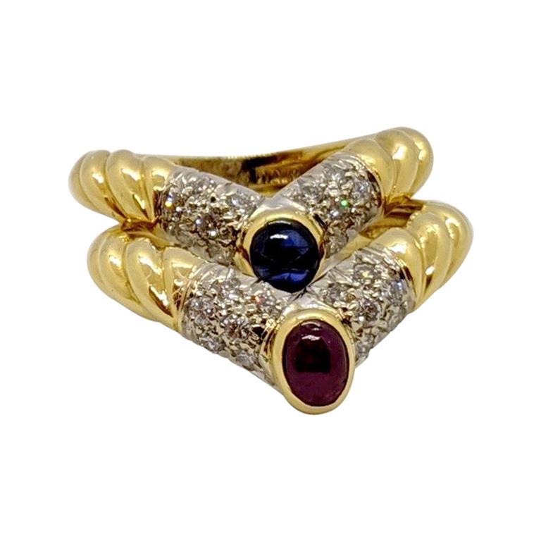 Pair of 18 Karat Yellow Gold, Diamond Ruby and Sapphire Nesting Rings ...
