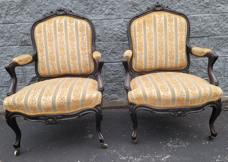 Pair of 1890s Louis XV Carved, Ebonized and Upholstered Bergere Arm ...