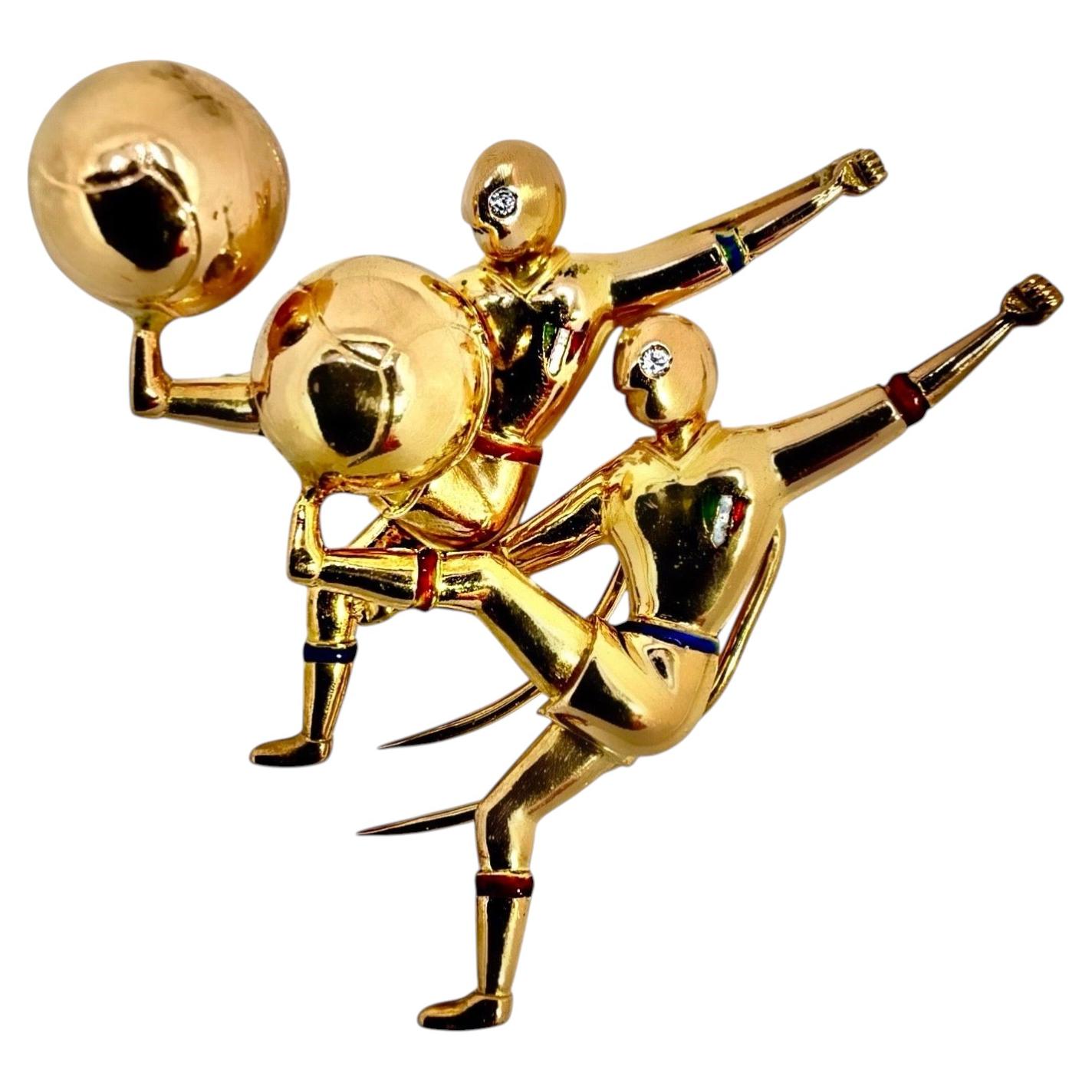 Pair of 18K Gold Soccer Player Pins with Diamond Eyes by Designer ...
