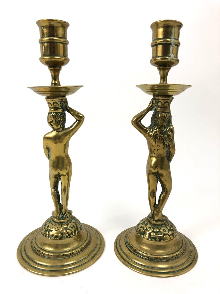 Pair of 18th Century Brass Adam and Eve Figural Candlesticks at 1stDibs