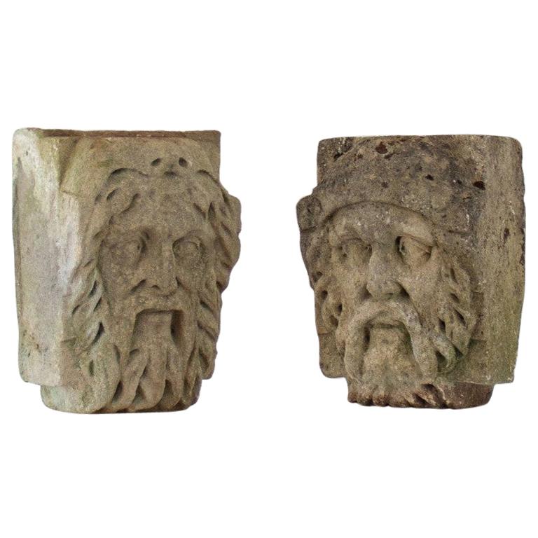 Pair of 18th Century Cotswold Stone Heads Depicting Bearded River Gods ...