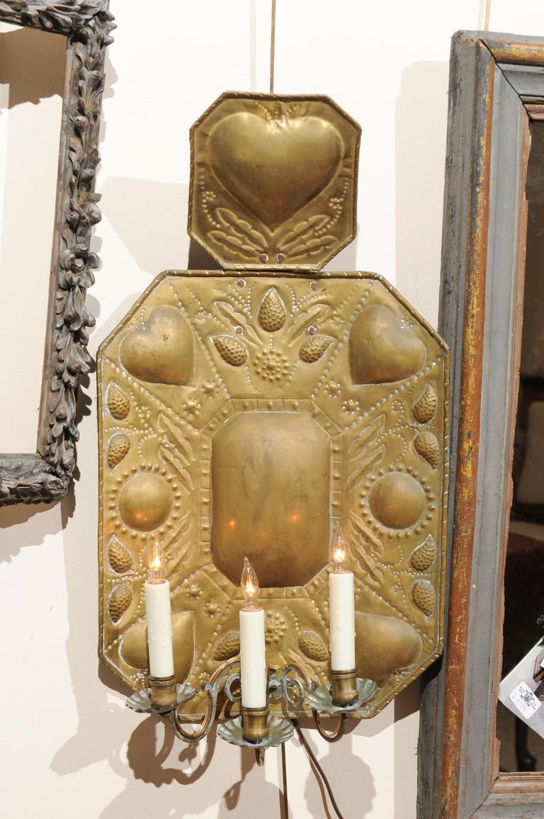 Pair of 18th Century Dutch Brass Sconces with Heart Decoration and 3 ...