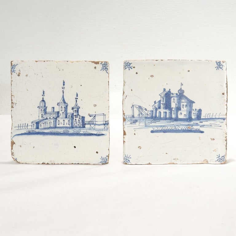 Pair of 18th Century Dutch Delft Tiles with Landscape and Canal Scenes ...
