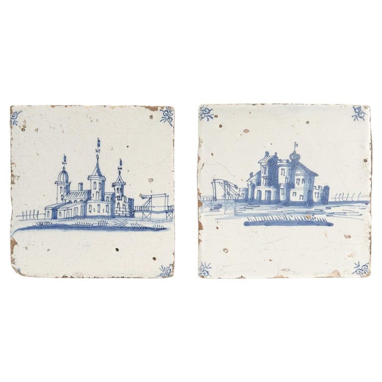 Pair of 18th Century Dutch Delft Tiles with Landscape and Canal Scenes ...