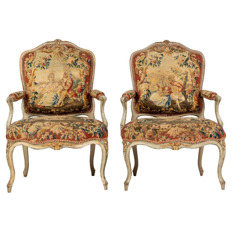 Pair of 18th Century French Abusson Tapestry Chairs For Sale at 1stDibs