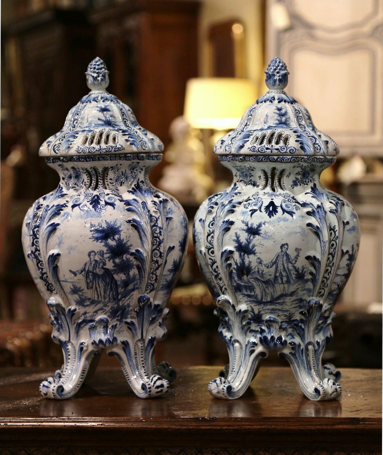 Pair of 18th Century French Blue and White Hand Painted Faience Delft ...