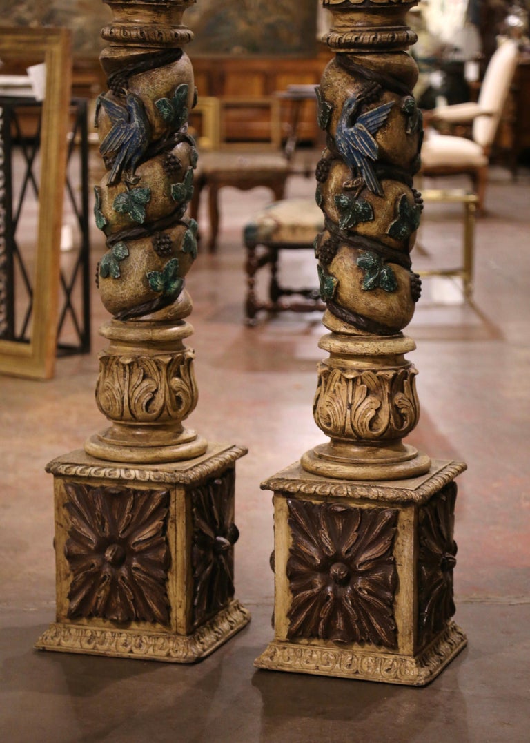 Pair of 18th Century French Carved Polychrome Columns with Vines ...