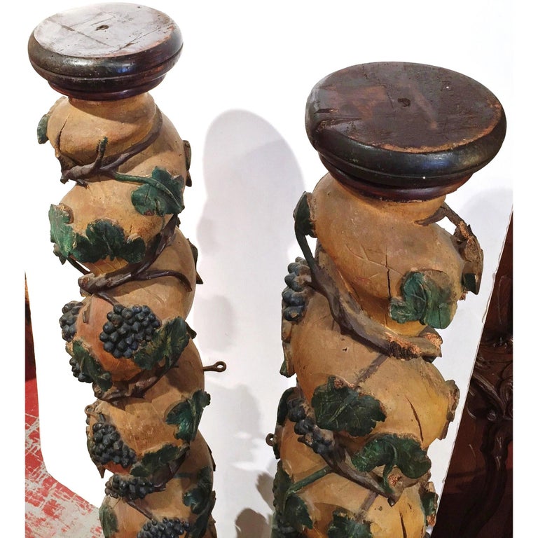 Pair of 18th Century French Carved Polychrome Columns with Vines ...