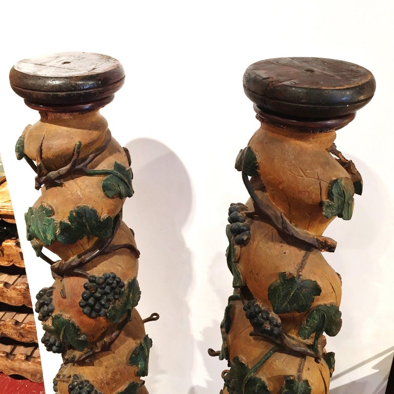 Pair of 18th Century French Carved Polychrome Columns with Vines ...