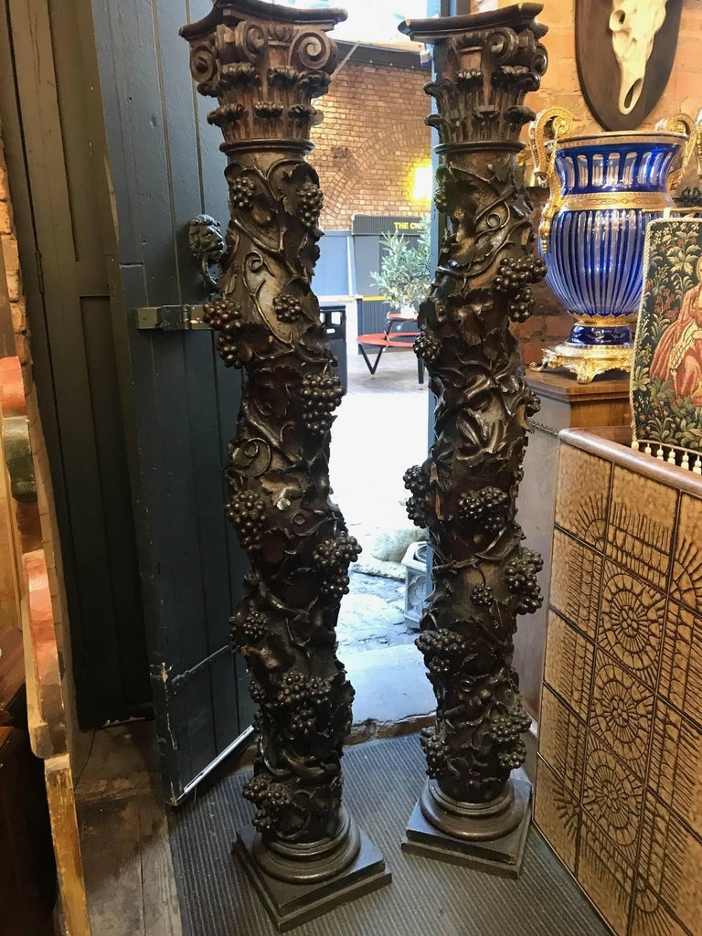 Pair of 18th Century Hand-Carved Wooden Columns, with a Grape Vine ...