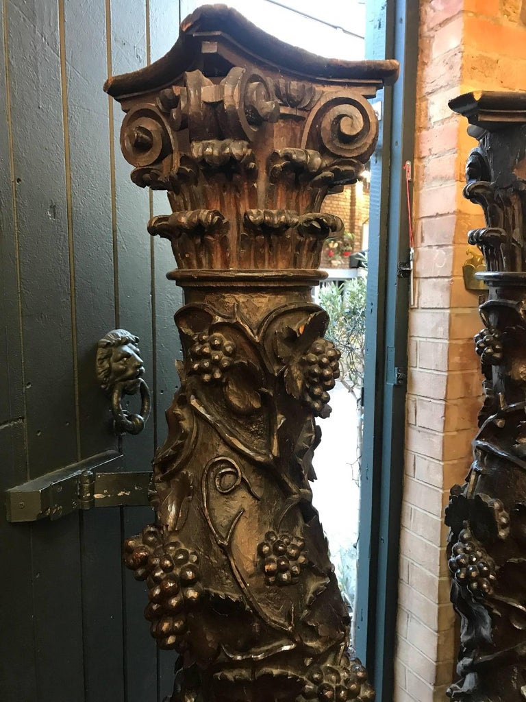 Pair of 18th Century Hand-Carved Wooden Columns, with a Grape Vine ...