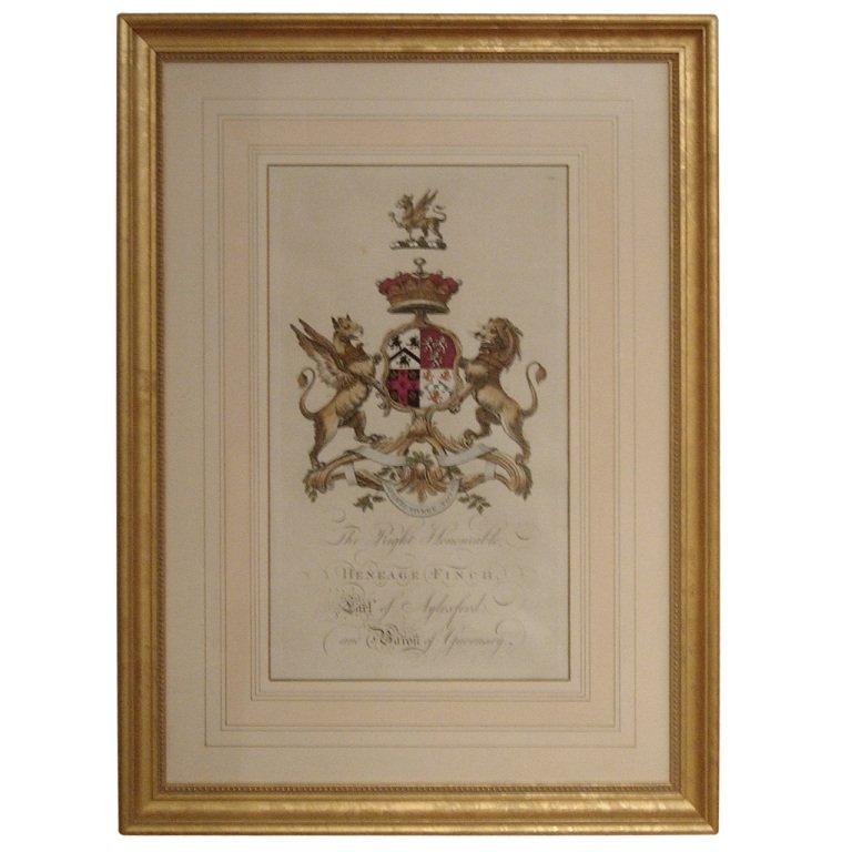Pair of 18th Century Hand-Colored Armorial Engravings For Sale at 1stDibs