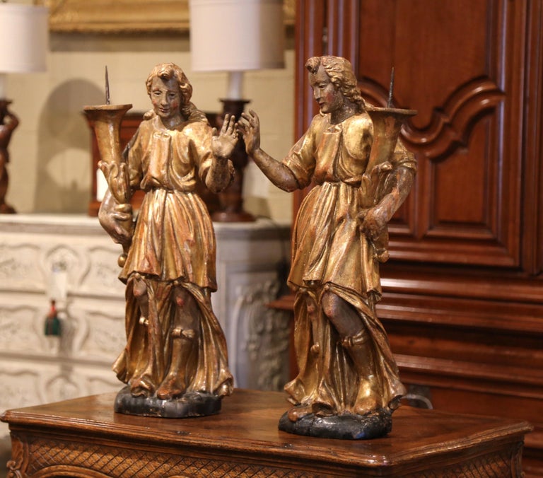 Pair of 18th Century Italian Carved Giltwood and Polychrome Angel ...