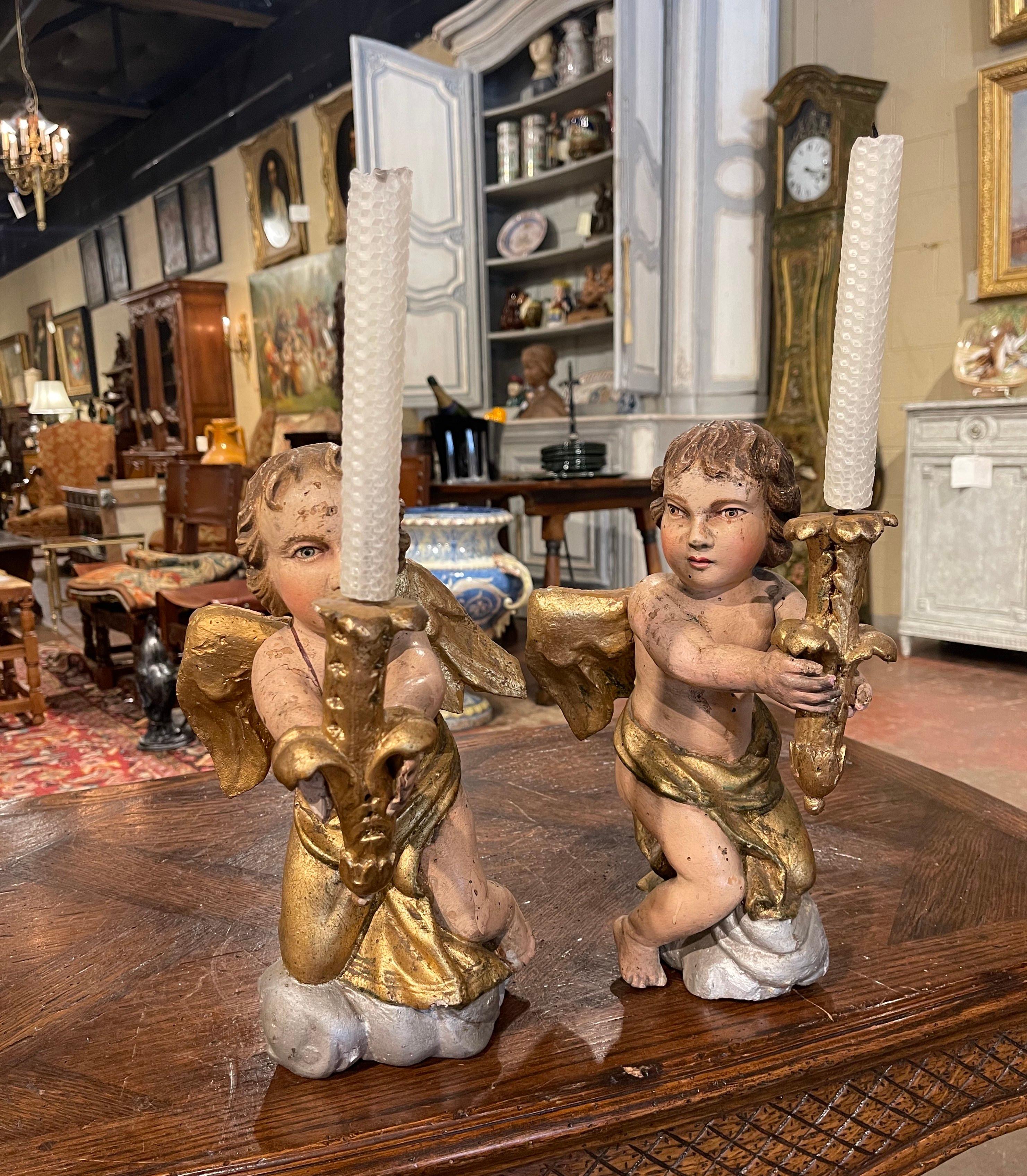 Pair of 18th Century Italian Carved Giltwood Polychrome Cherub Candle ...