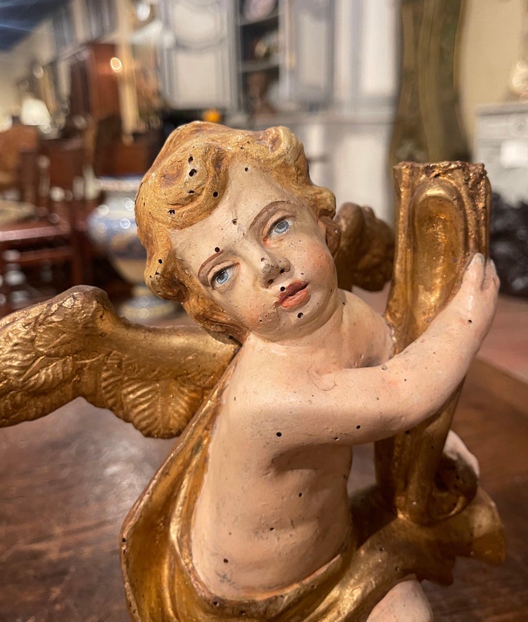 Pair of 18th Century Italian Carved Giltwood Polychrome Cherub Candle ...