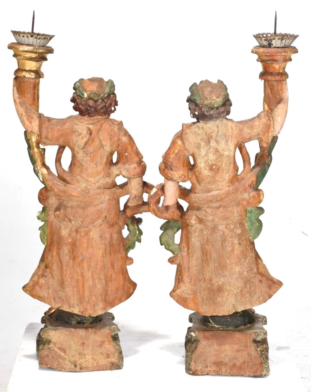 Pair of 18th Century Italian Gilt Wood Polychrome Figural Pricket ...