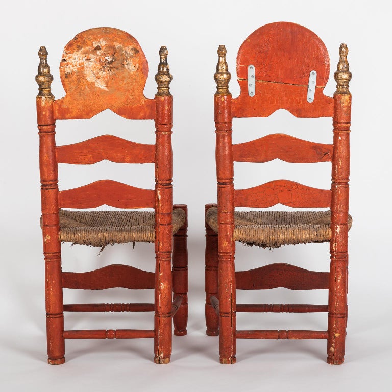 Pair of 18th Century Spanish Style Ladder Back Painted Chairs with Rush ...