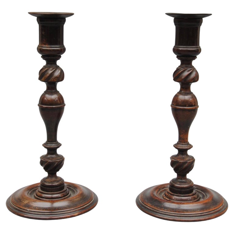 Pair of 18th Century Turned Mahogany Candlesticks at 1stDibs