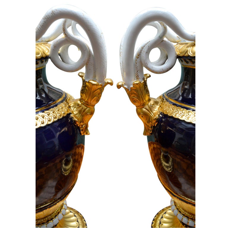 Pair of 19th Century Meissen Snake Handled Cobalt Blue "Schlangenvasen ...