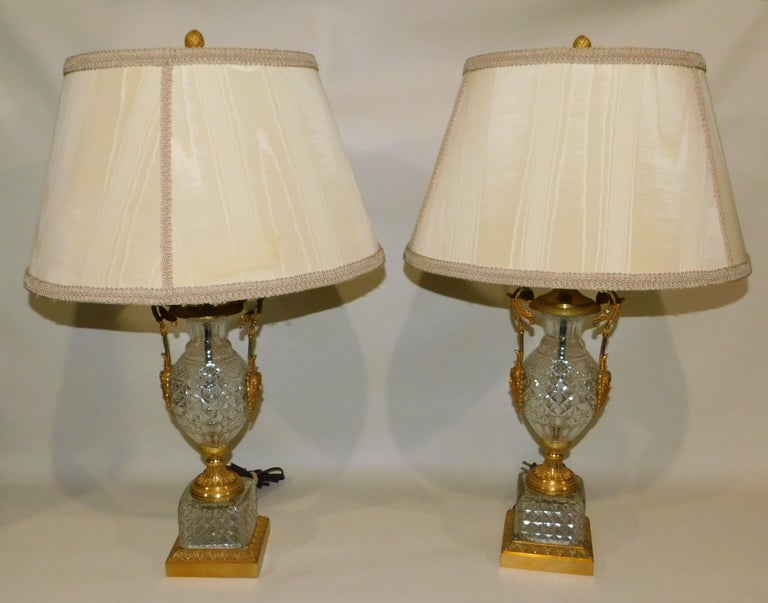 Pair of 1920s Austrian Diamond Pattern Cut Crystal Gilt Bronze Table ...