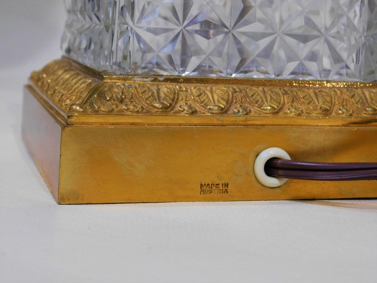 Pair of 1920s Austrian Diamond Pattern Cut Crystal Gilt Bronze Table ...