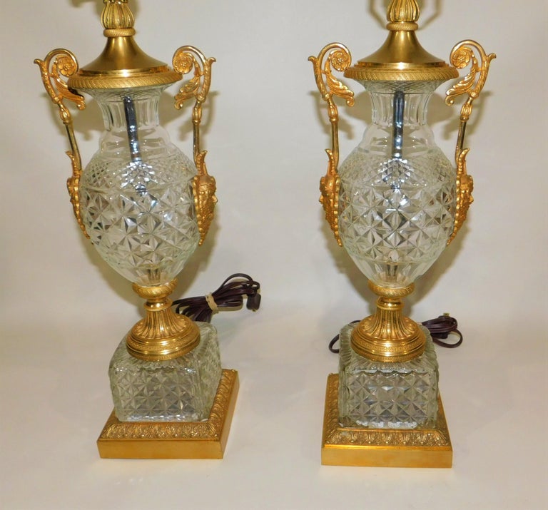 Pair of 1920s Austrian Diamond Pattern Cut Crystal Gilt Bronze Table ...