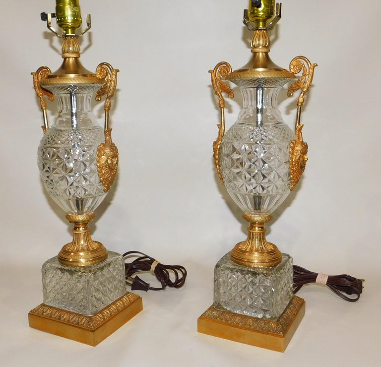 Pair of 1920s Austrian Diamond Pattern Cut Crystal Gilt Bronze Table ...