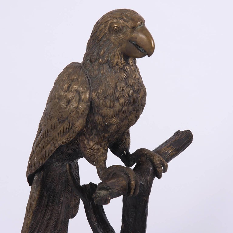 Pair of 1920s Naturalistic Gothic Painted Brass Parrot Bird Sculptures ...