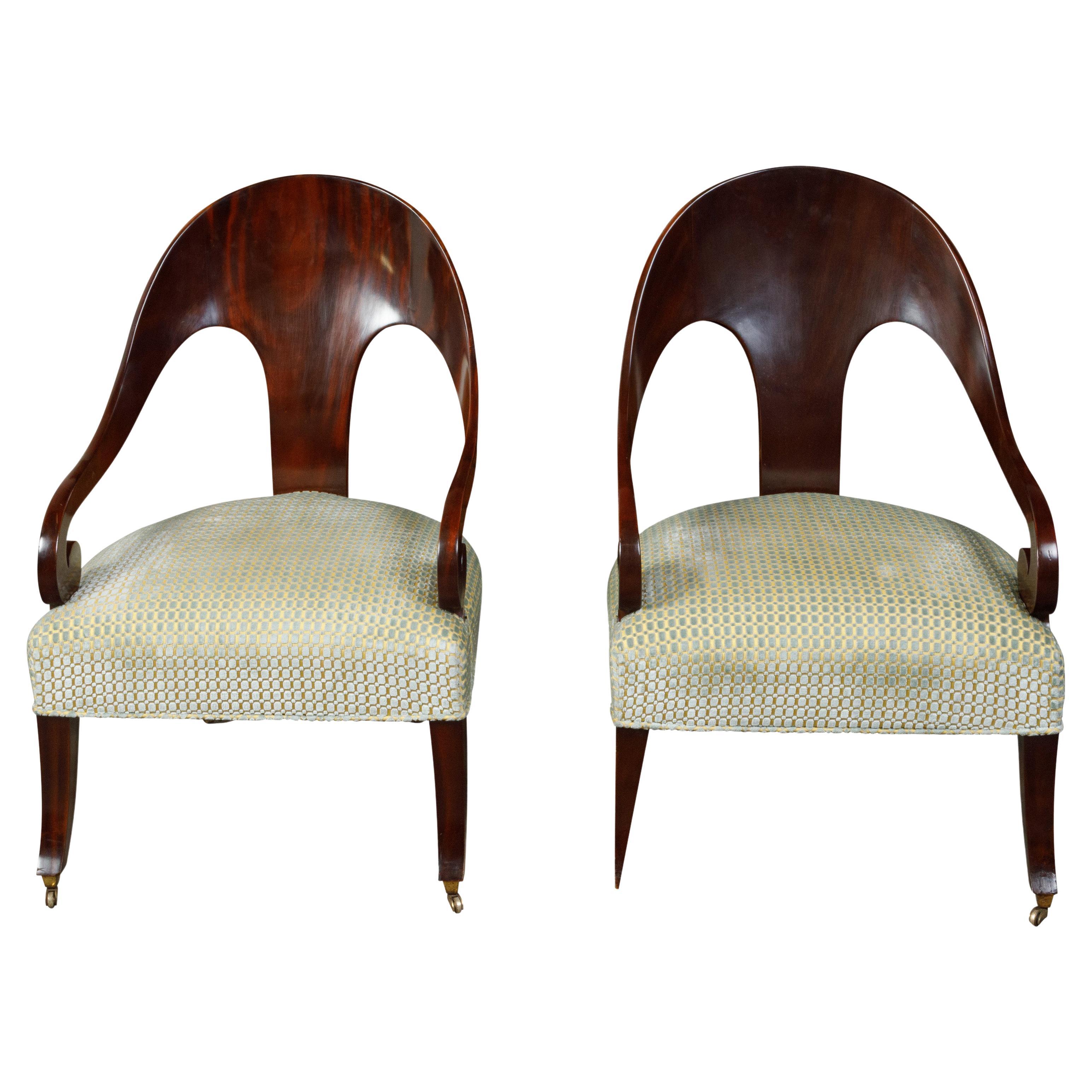Pair of 1920s Wooden Spoon Chairs with Large Scrolling Arms and Saber ...