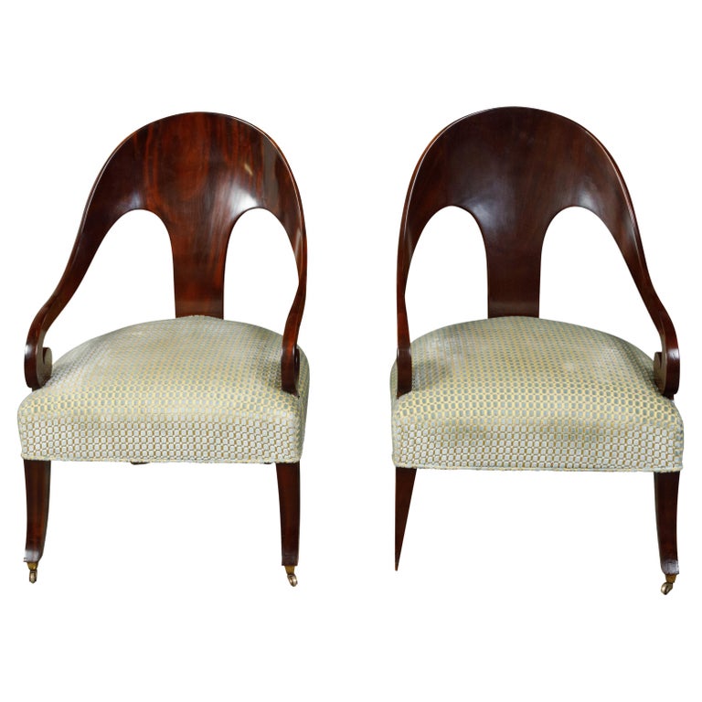Pair of 1920s Wooden Spoon Chairs with Large Scrolling Arms and Saber ...