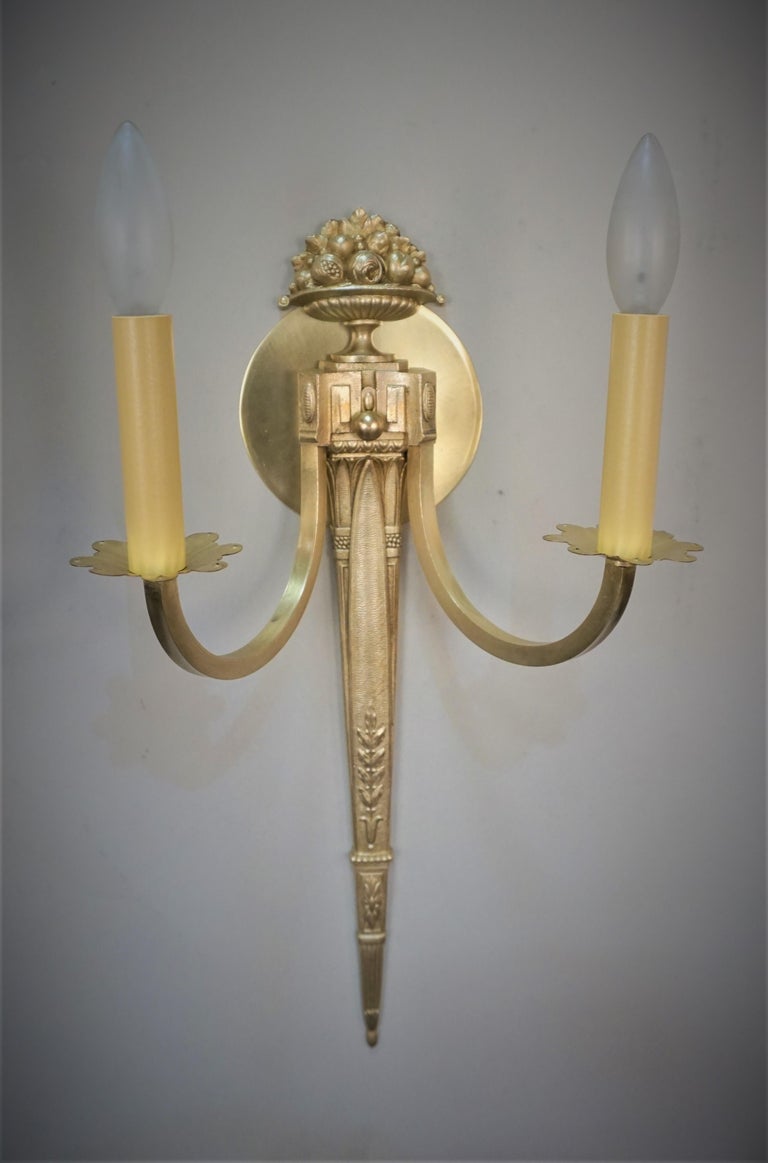 Pair of 1930's Bronze Double Arm Wall Sconces For Sale at 1stDibs