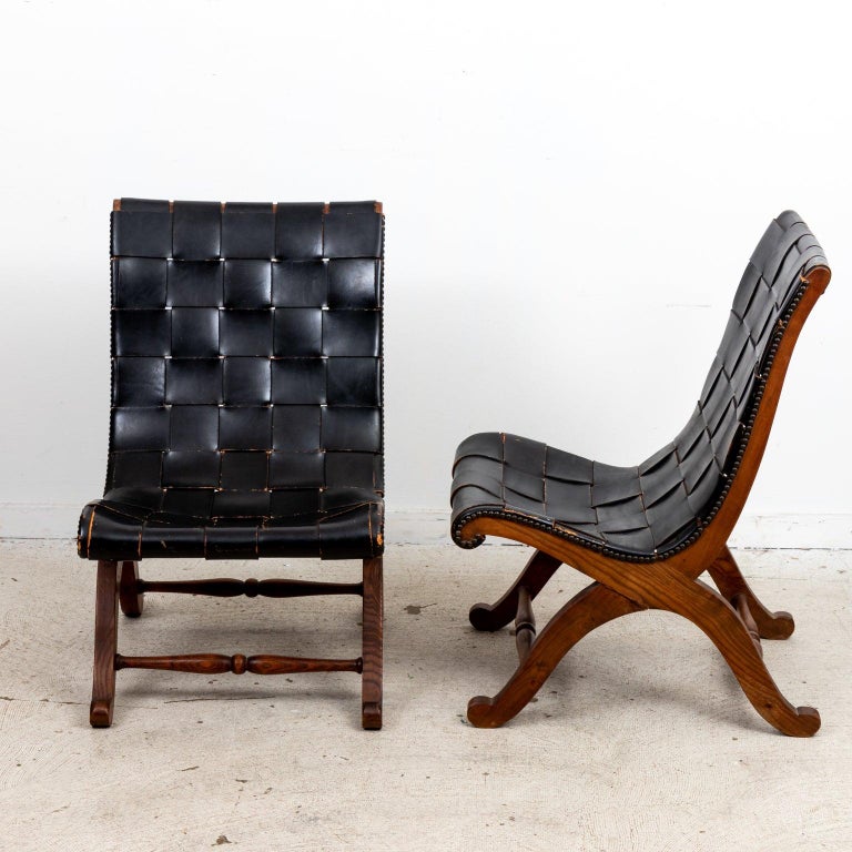 Pair of 1930s Leather Strapped Sling Chairs For Sale at 1stDibs