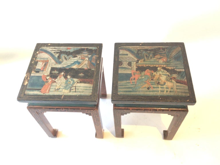 Pair of 1940s Asian Hand Painted Wood Tables at 1stDibs