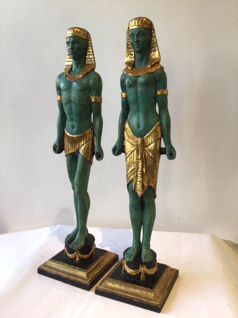 Pair Of 1940s Carved Gilt Wood Male And Female Egyptian Figures For ...