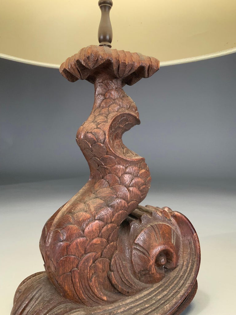 Pair of 1940's Carved Wood Koi Fish Table Lamps For Sale at 1stDibs